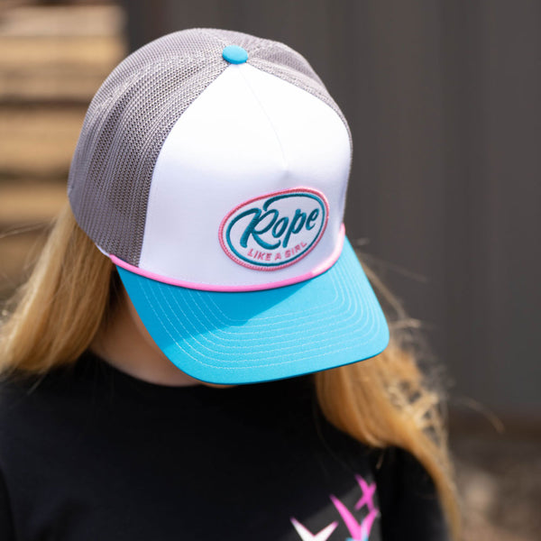"Rope Like A Girl" Hat White/Grey w/Pink/Turquoise & White Patch – Hooey