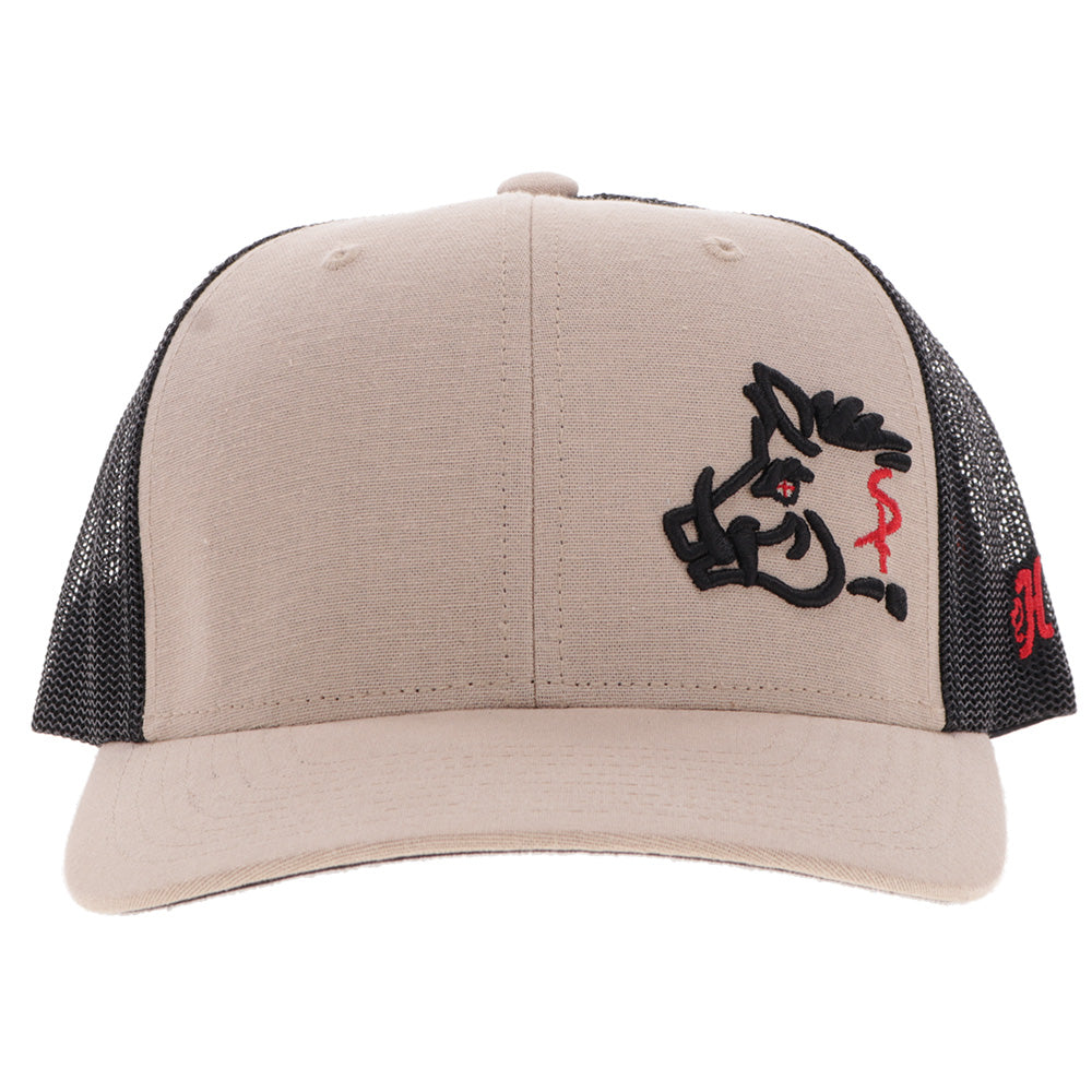 "Sniper Pig" Hat Tan & Brown w/Black & Red Stitching