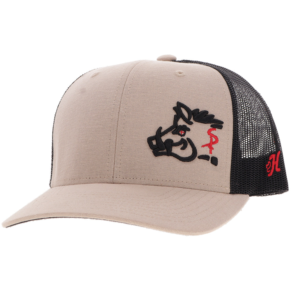 "Sniper Pig" Hat Tan & Brown w/Black & Red Stitching